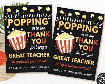 EDITABLE Popcorn Thank You Tags, Teacher Appreciation, Treat Tag ...