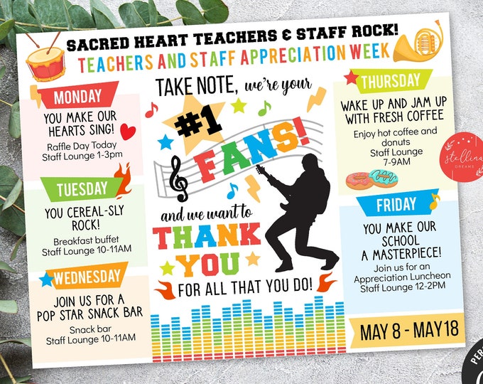 EDITABLE Music You Rock Themed Teacher Appreciation Week Itinerary ...