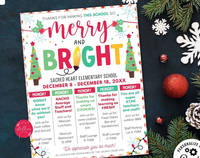 Editable Holiday Teacher and Staff Appreciation Itinerary Christmas ...