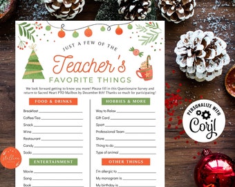 Christmas Teacher Favorites Survey, Teacher Holiday Wish List, Gift ...