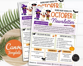 October PTO PTA Newsletter Flyer Editable Template, Back to School ...