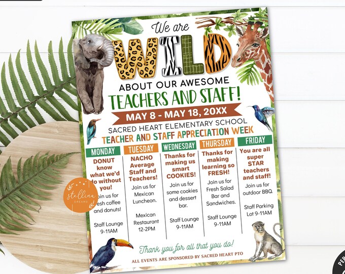 EDITABLE Jungle Teacher Appreciation Week Itinerary, We Are Wild About ...