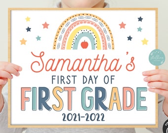 Boho Rainbow Hello First Grade Sign, First Day of First Grade Girl Sign ...