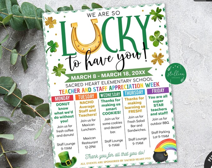 EDITABLE St. Patrick's Day Teacher Appreciation Week Itinerary, Lucky ...