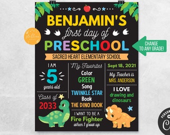 First Day of School Sign, Back to School Chalkboard Poster, Dinosaur ...