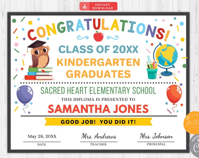 EDITABLE Graduation Certificate Printable Diploma Kindergarten ...