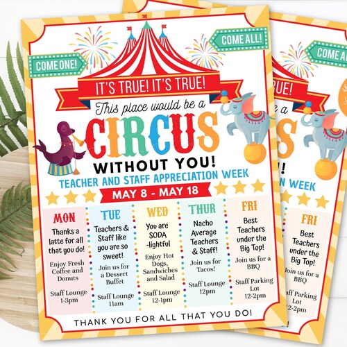 Circus Themed Teacher Appreciation Week Itinerary Poster Big - Etsy