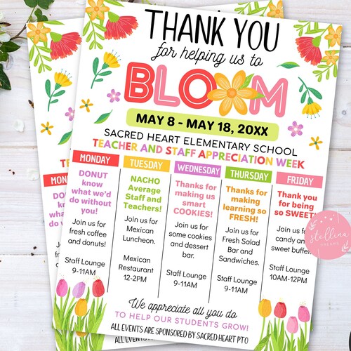 EDITABLE Teacher Bloom Grow Appreciation Week Itinerary - Etsy