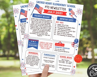 July PTO PTA Newsletter Flyer Editable Template, Summer 4th of July ...