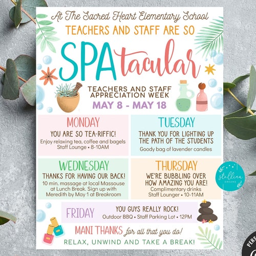Spa Teacher and Staff Appreciation Week Itinerary Poster - Etsy