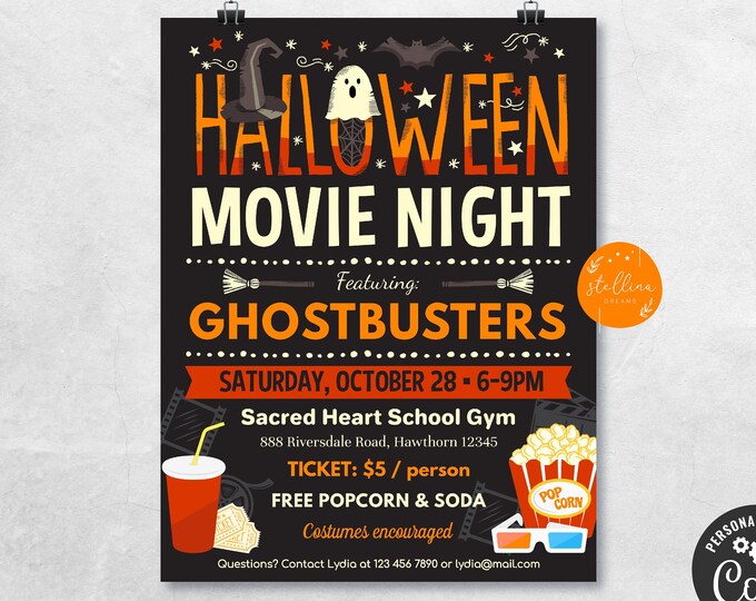 Editable Halloween Movie Night Flyer: School Fundraiser Event (digital ...