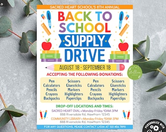 School Supply Drive Flyer, Printable PTA PTO Flyer, School Supplies ...