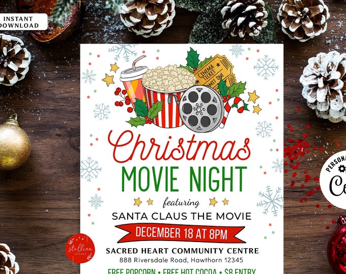 EDITABLE Christmas Movie Night Flyer, Printable PTA PTO Flyer Xmas ...