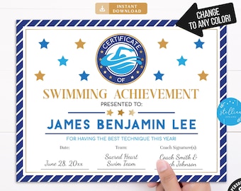 Swimming Certificate Template, INSTANT DOWNLOAD, Printable End of the ...
