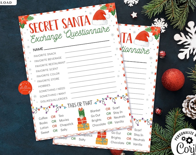 EDITABLE Secret Santa Gift Exchange Printable, Gift Questionnaire ...