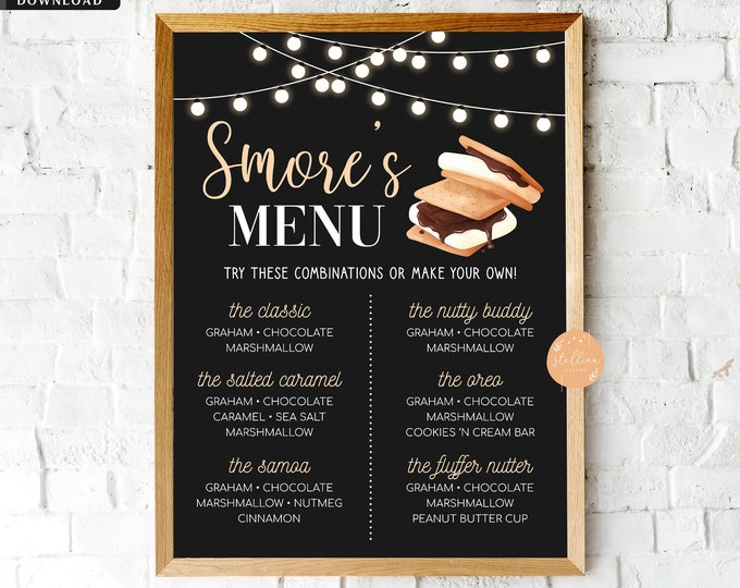 EDITABLE S'mores Menu, Printable Smores Menu, S'mores Sign, Bonfire ...
