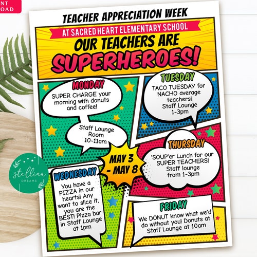 EDITABLE Superhero Teacher Appreciation Week Itinerary Poster - Etsy