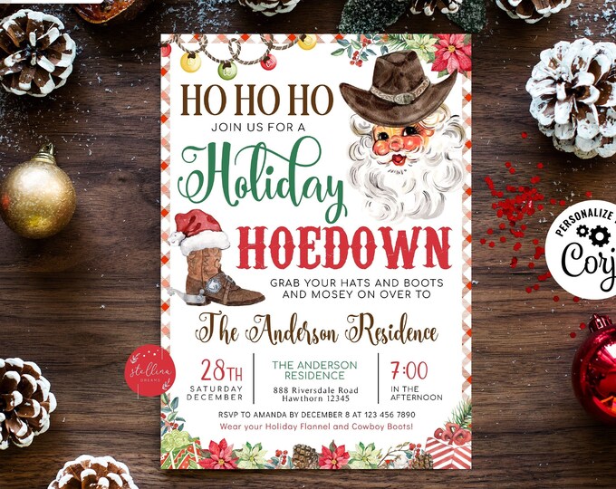 EDITABLE Christmas Hoedown Invitation, Cowboy Santa Ho Ho Hoedown ...