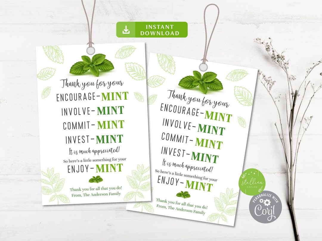 Printable Mint Thank You Tags, Volunteer Mint Labels, Printable, Thank ...