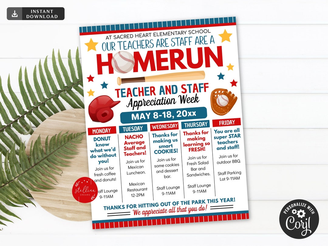 EDITABLE Baseball Teacher Staff Appreciation Week Itinerary Flyer, You ...