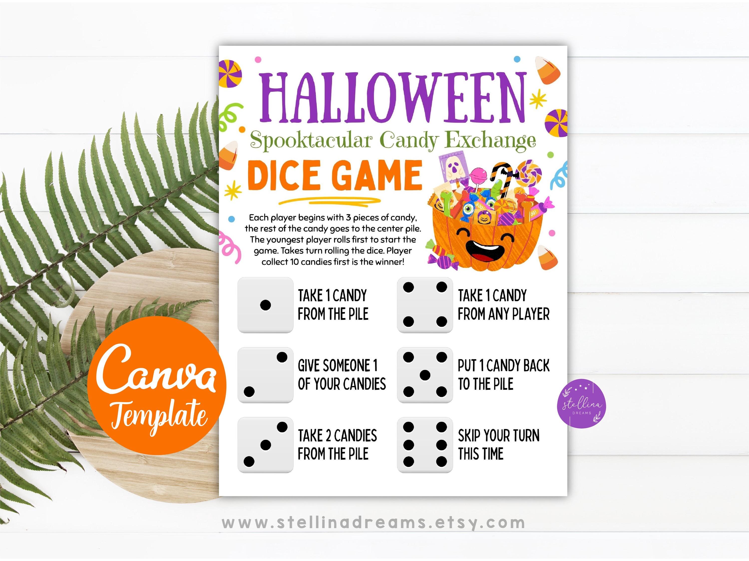 Editable Halloween Candy Exchange Dice Game Canva Template (digital ...