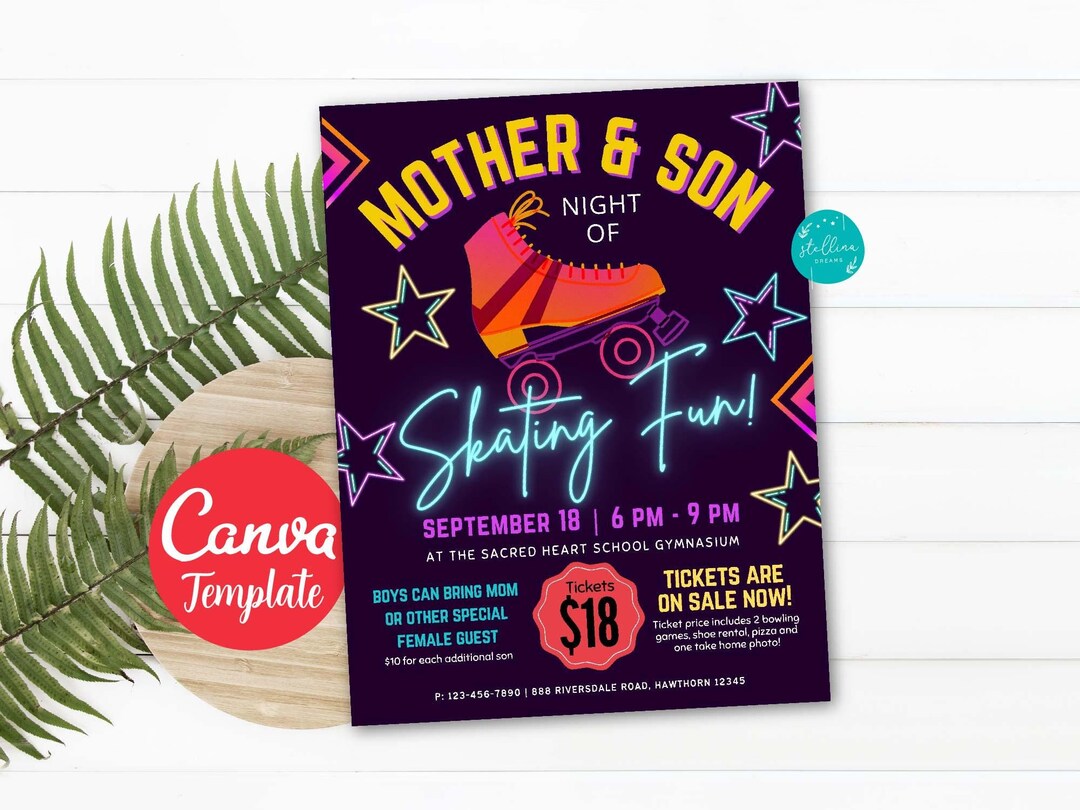 Editable Mother Son Roller Skate Night Flyer Invite, School Invitation ...