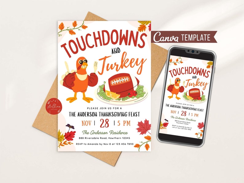 Friendsgiving Invitation: Turkey, Football, Editable CANVA Template ...