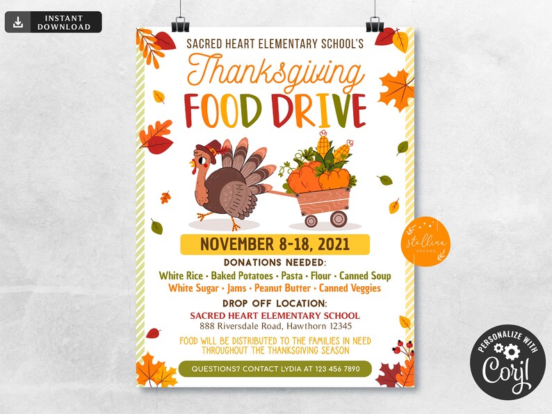 Editable Thanksgiving Food Drive Flyer: School Fundraiser (digital ...