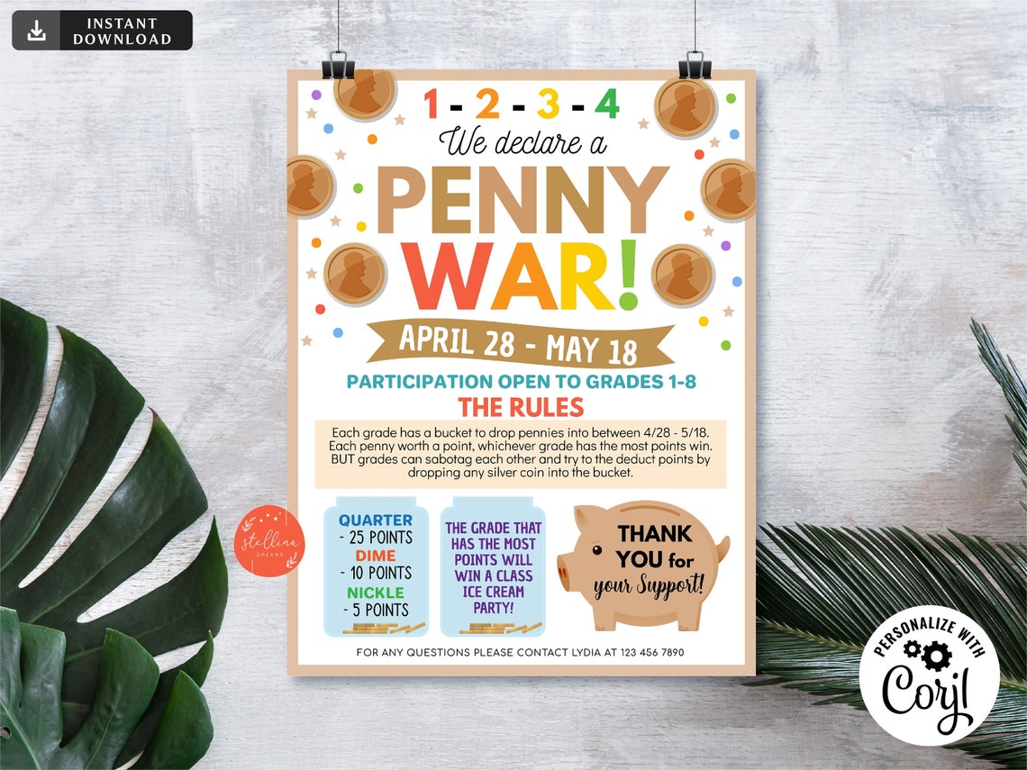 Penny War Fundraiser Flyer, Printable Handout, School Fundraiser Event ...
