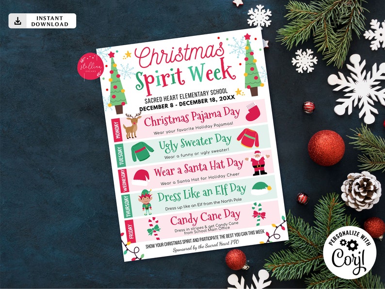 Editable Christmas School Spirit Week Itinerary Schedule, Daily Weekly ...