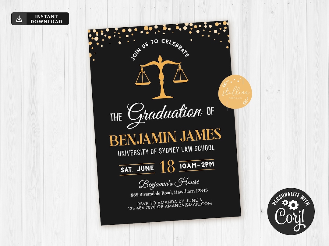 Law School Graduation Invitation Printable, Law Degree College Graduate ...
