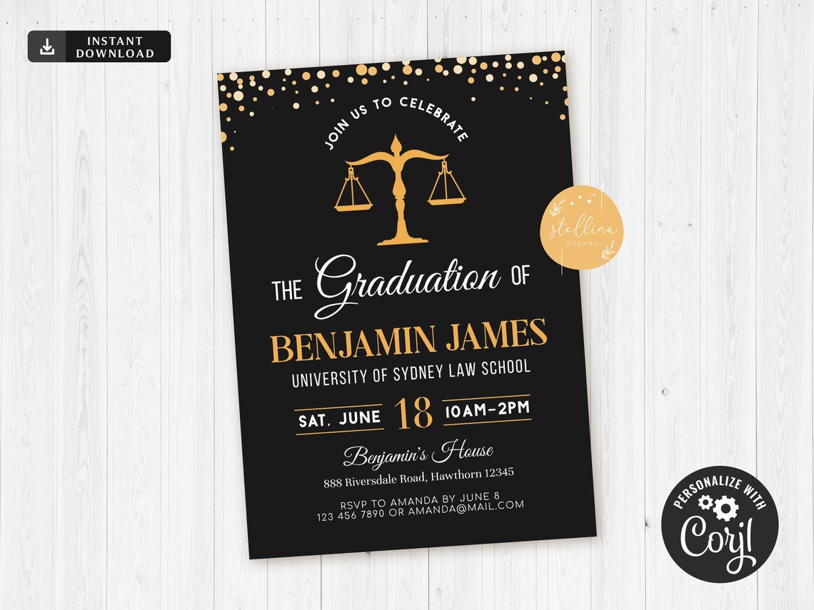 Law School Graduation Invitation Printable Law Degree College | Etsy