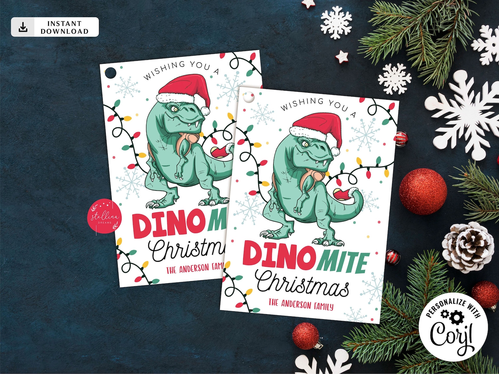 Editable Christmas Dinosaur Tags Wishing You a Dino-mite - Etsy