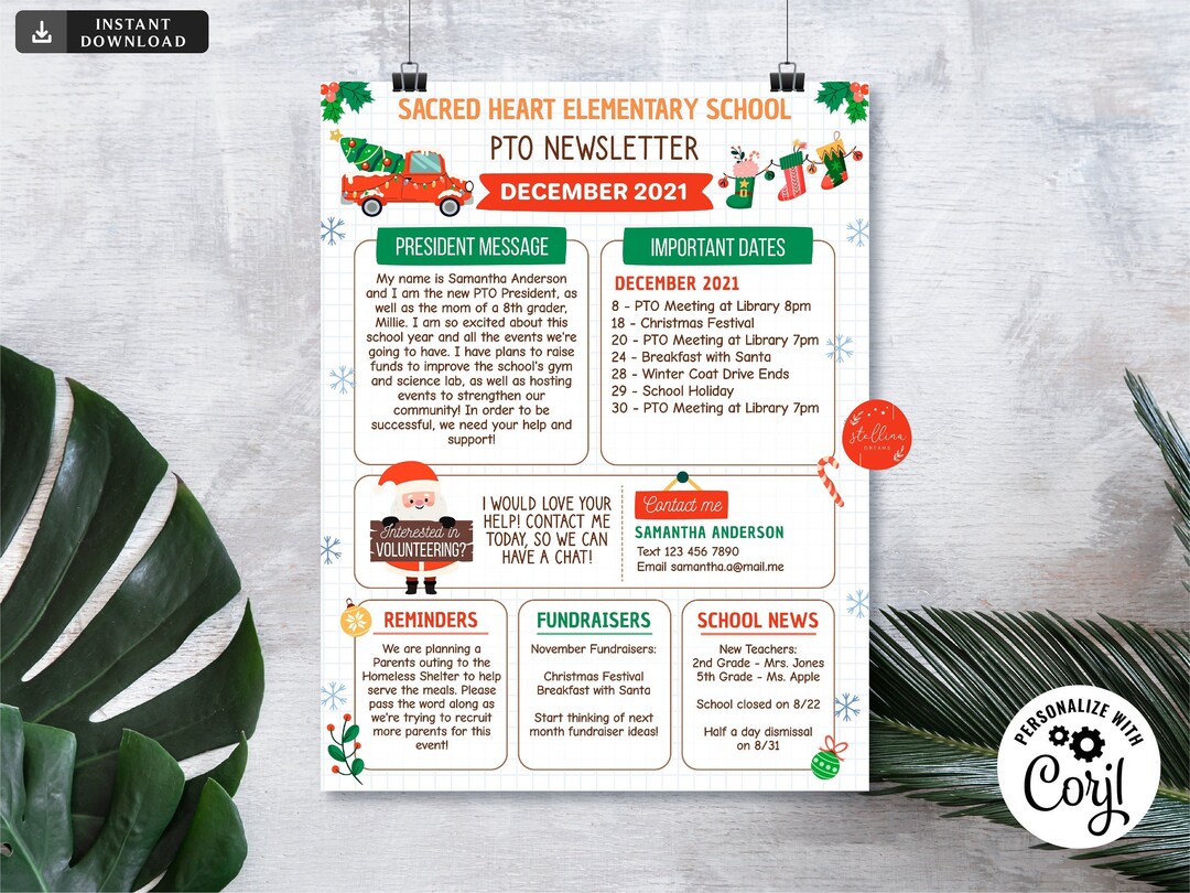 December PTO PTA Newsletter Flyer, Holiday Printable Handout, School ...