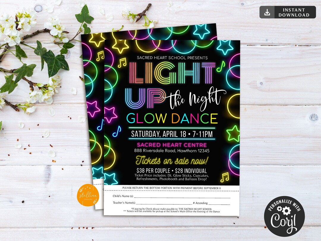 EDITABLE Glow Dance Set School Dance Take Home Sheet, Church Community ...