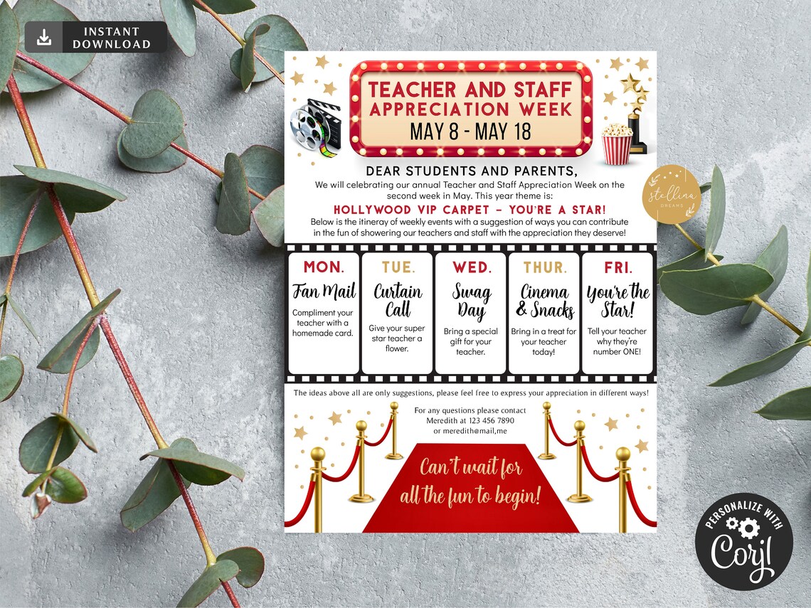 Hollywood Teacher Appreciation Staff Invitation Newsletter | Etsy