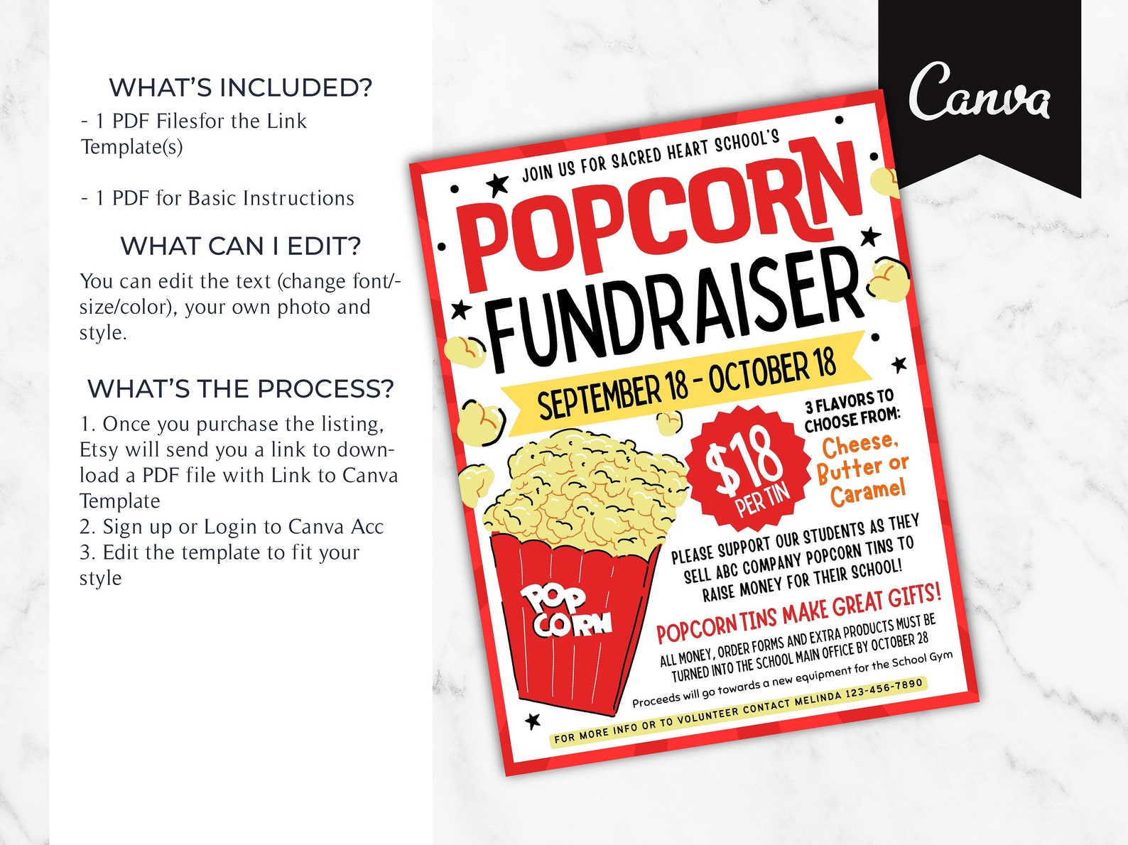 Popcorn Fundraiser Flyer: School Event, Editable Canva Template ...
