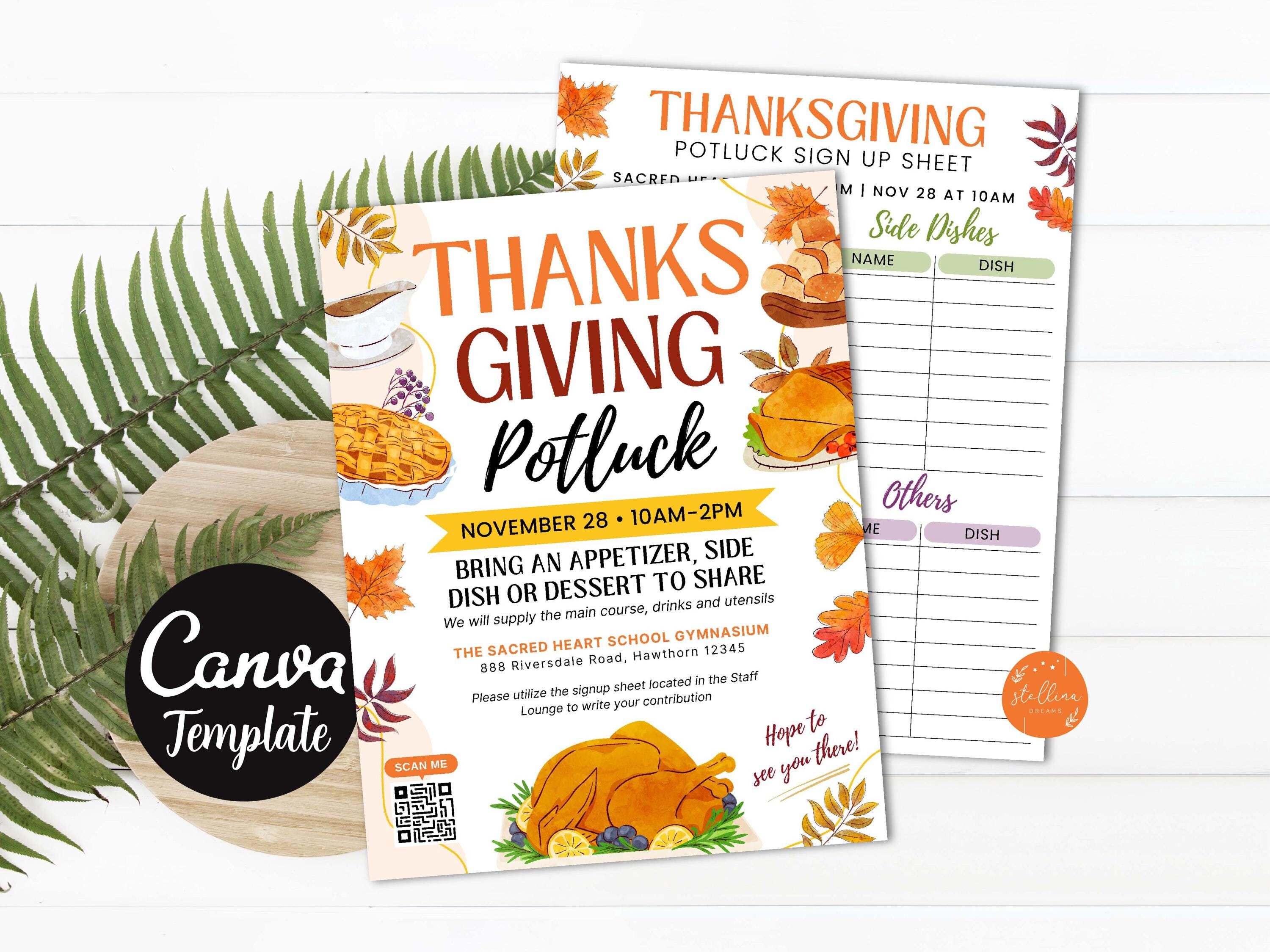 Thanksgiving Potluck Flyer & Sign up Sheet Set, Editable CANVA Template ...