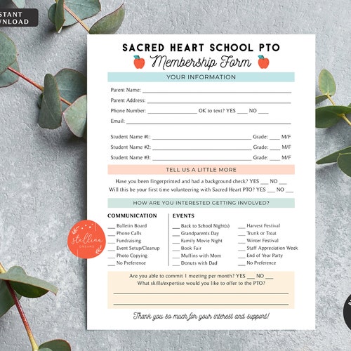 Membership Form PTA PTSA PTO Printable Template Pta - Etsy