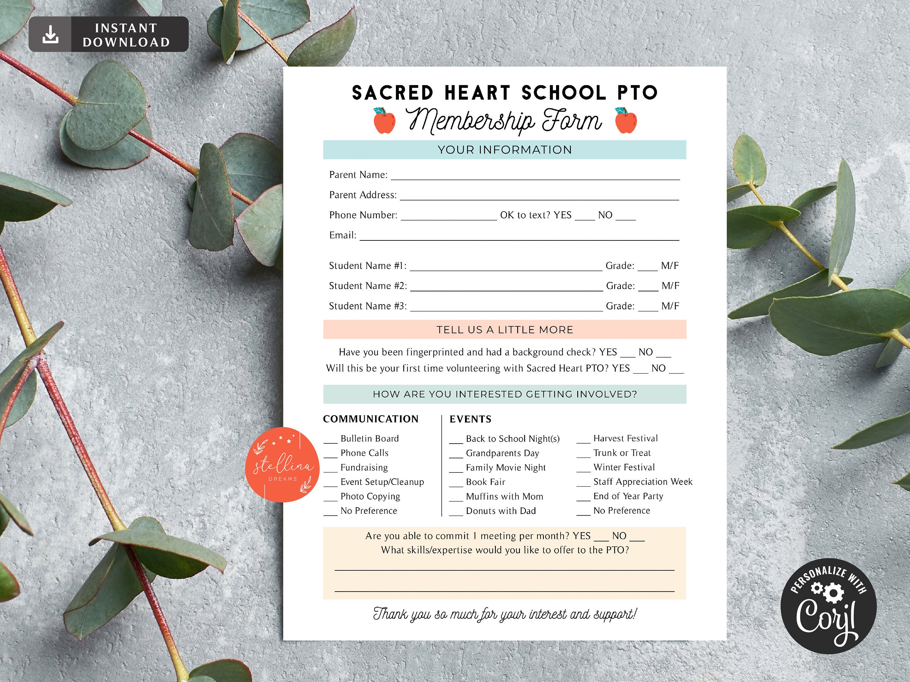 PTO PTA Form Membership Volunteer Signup Printable Handout - Etsy
