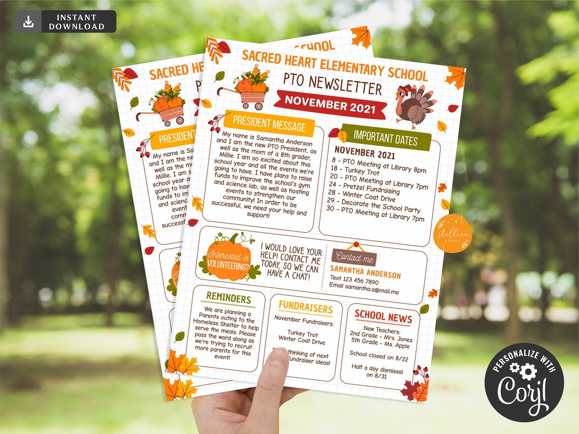 November PTA PTO Newsletter Flyer: Fall School Calendar (EDITABLE ...