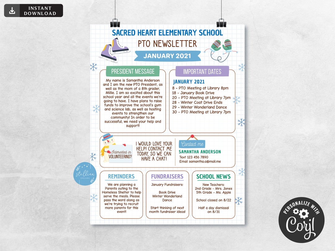 January PTO PTA Newsletter Template: Winter School Calendar (editable ...