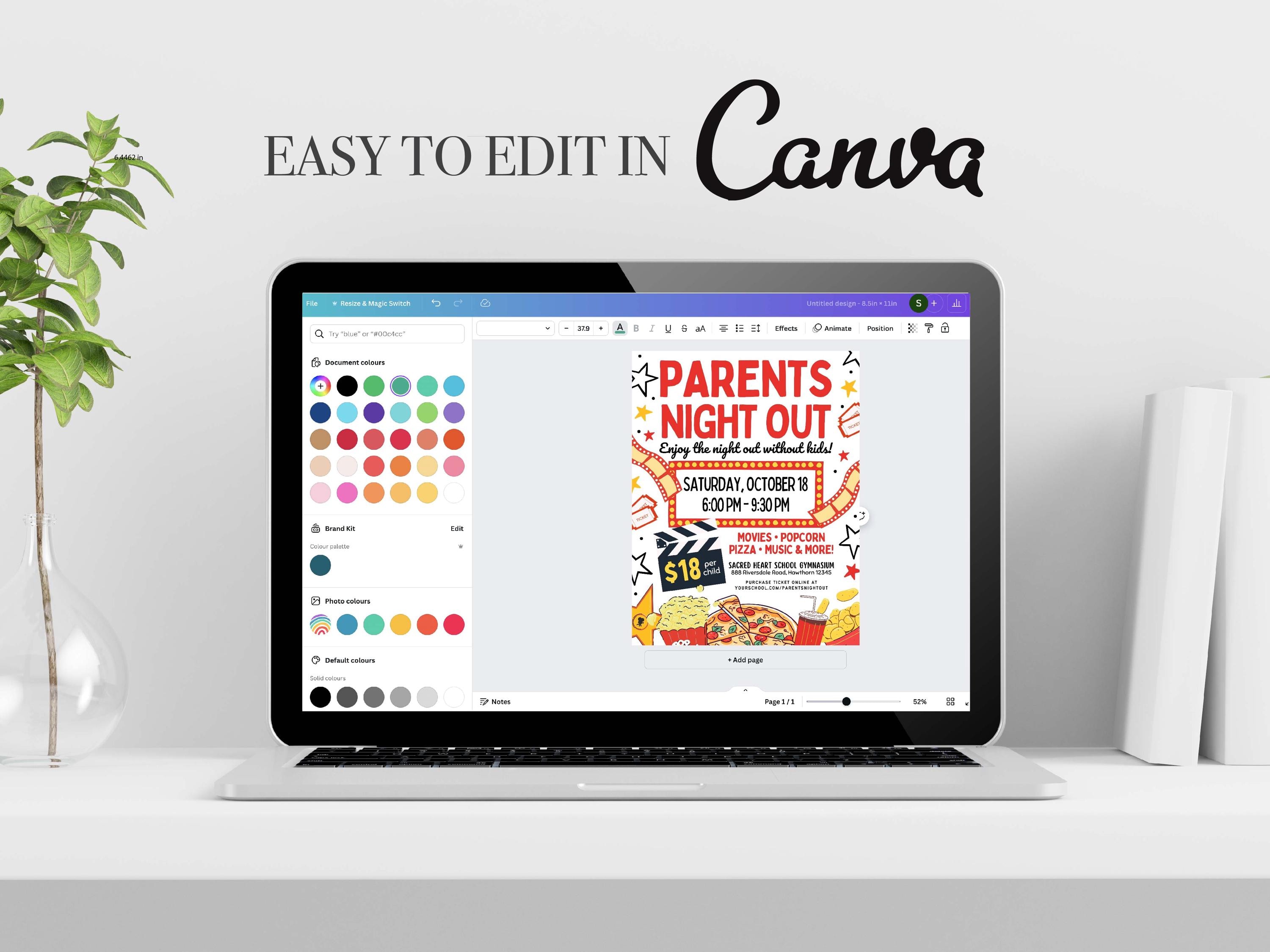 Editable Parents Night Out Movie Flyer: School Event Canva Template ...
