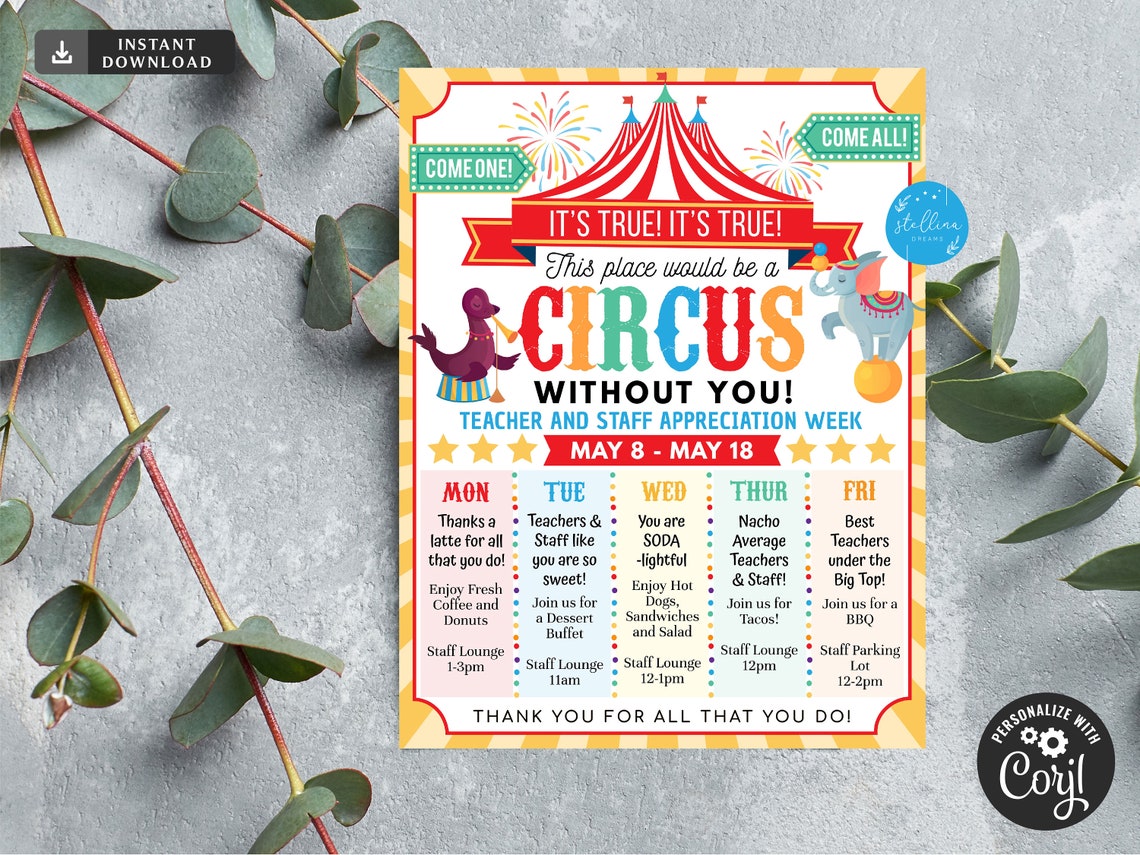 Circus Themed Teacher Appreciation Week Itinerary Poster Big Top Theme ...
