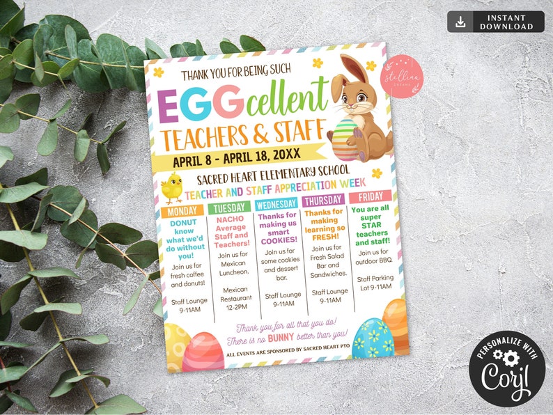 EDITABLE Easter Teacher Appreciation Week Itinerary - Etsy