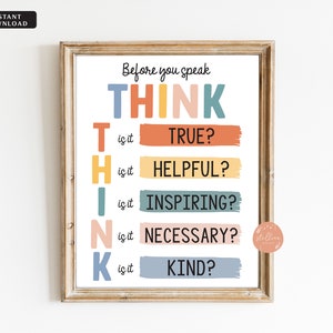 Think Before You Speak Sign, Printable Classroom Decor, Motivational ...