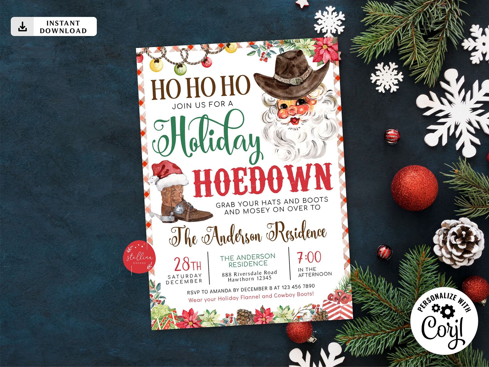 EDITABLE Christmas Hoedown Invitation, Cowboy Santa Ho Ho Hoedown ...