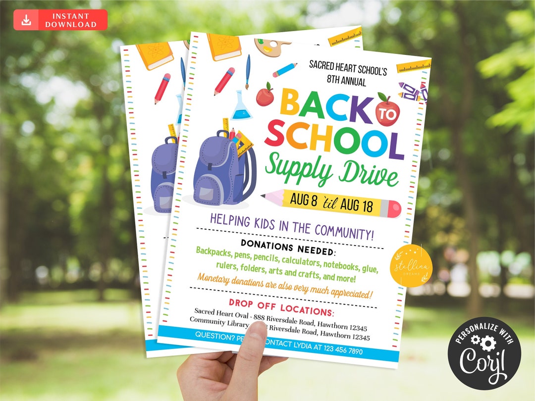 EDITABLE School Supply Drive Flyer, Printable PTA PTO Flyer, School ...
