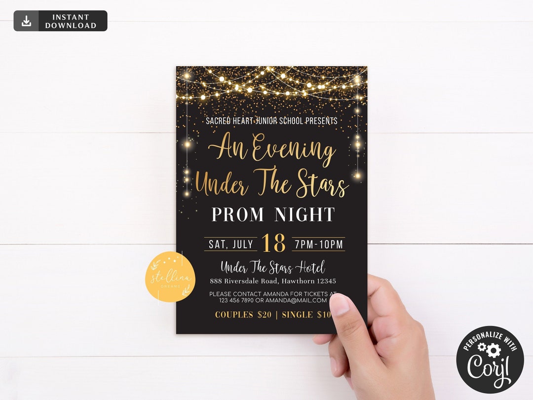 EDITABLE Prom Dance Invitation, Gold Glitter an Evening Under the Stars ...