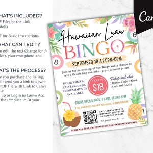 Editable Hawaiian Luau Bingo Night Flyer, Printable School Pto Pta ...
